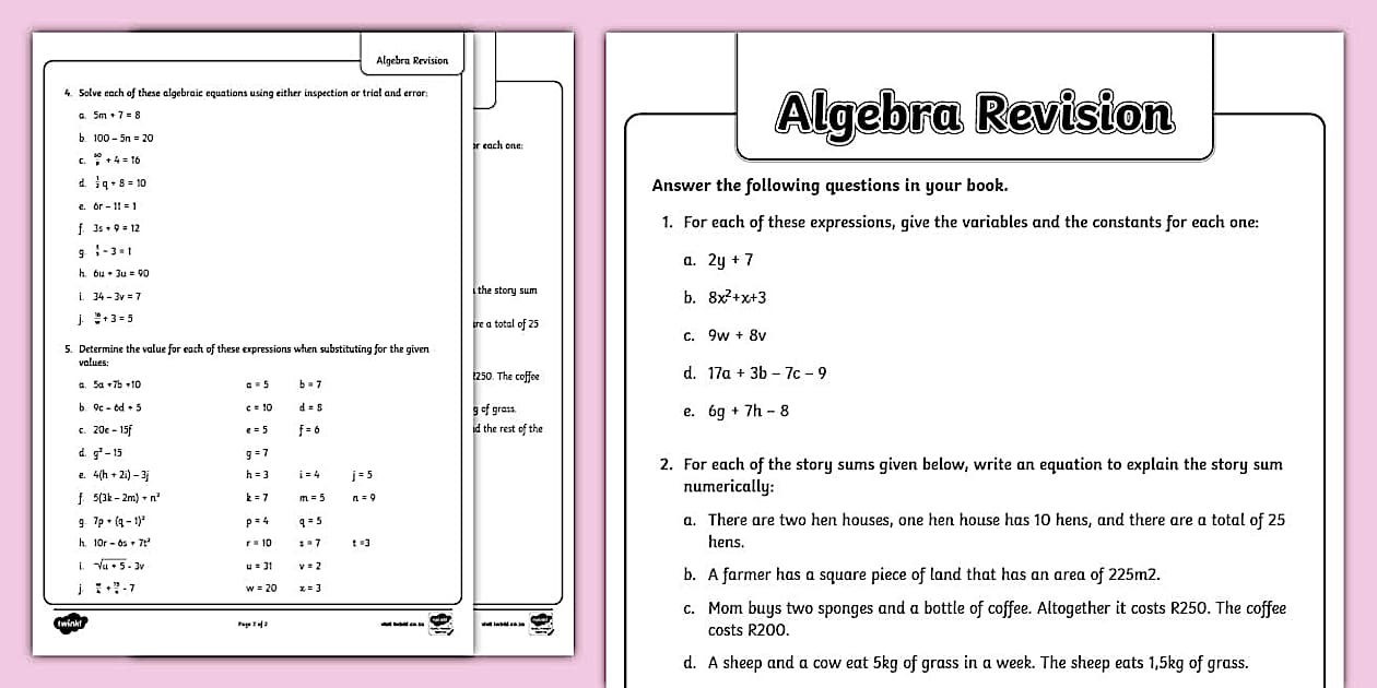 Algebra Revision Activity Sheet (teacher made) - Twinkl