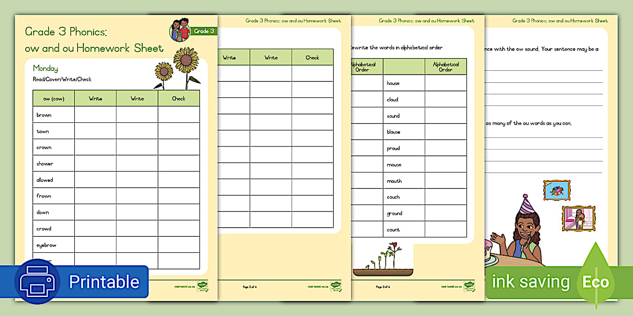 Grade 3 Phonics: ow (cow) ou (found): Homework Sheet
