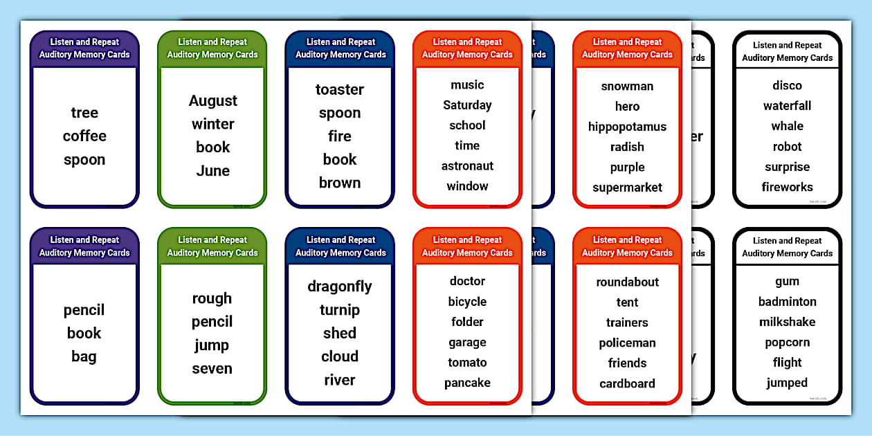 Black and White Listen and Repeat Auditory Memory Cards - Set 1