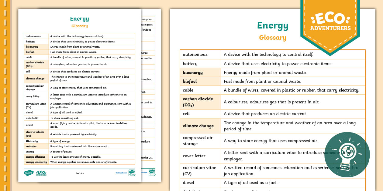Year 6 Energy: Key Vocabulary Glossary