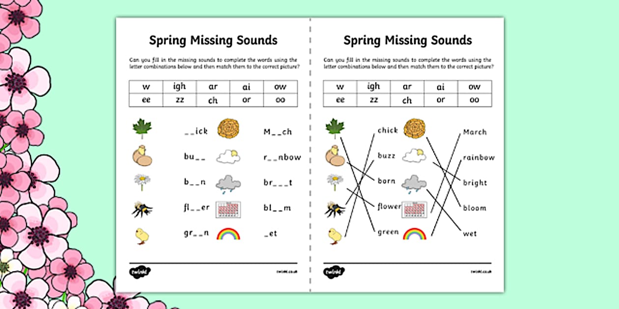 Editable Spring Missing Sounds Worksheet - Twinkl