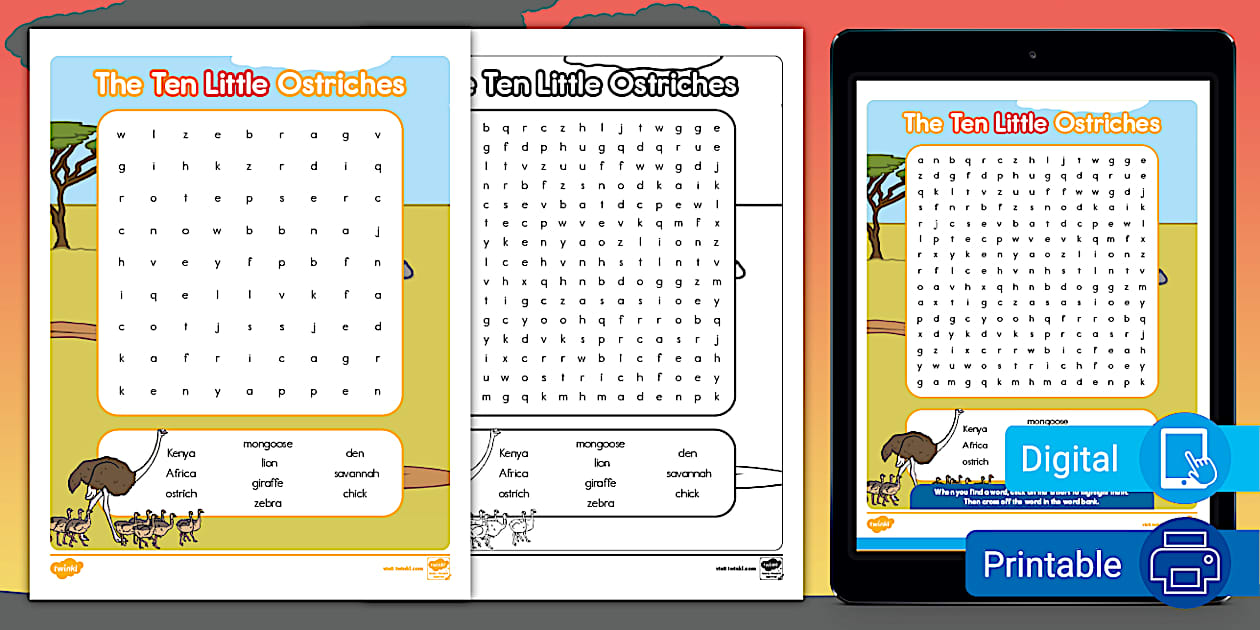 Tales From Around the World: The Ten Little Ostriches Word Search for K-2nd