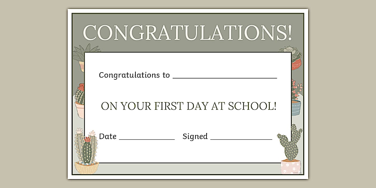 Succulents-Themed First Day of School Certificate - Twinkl