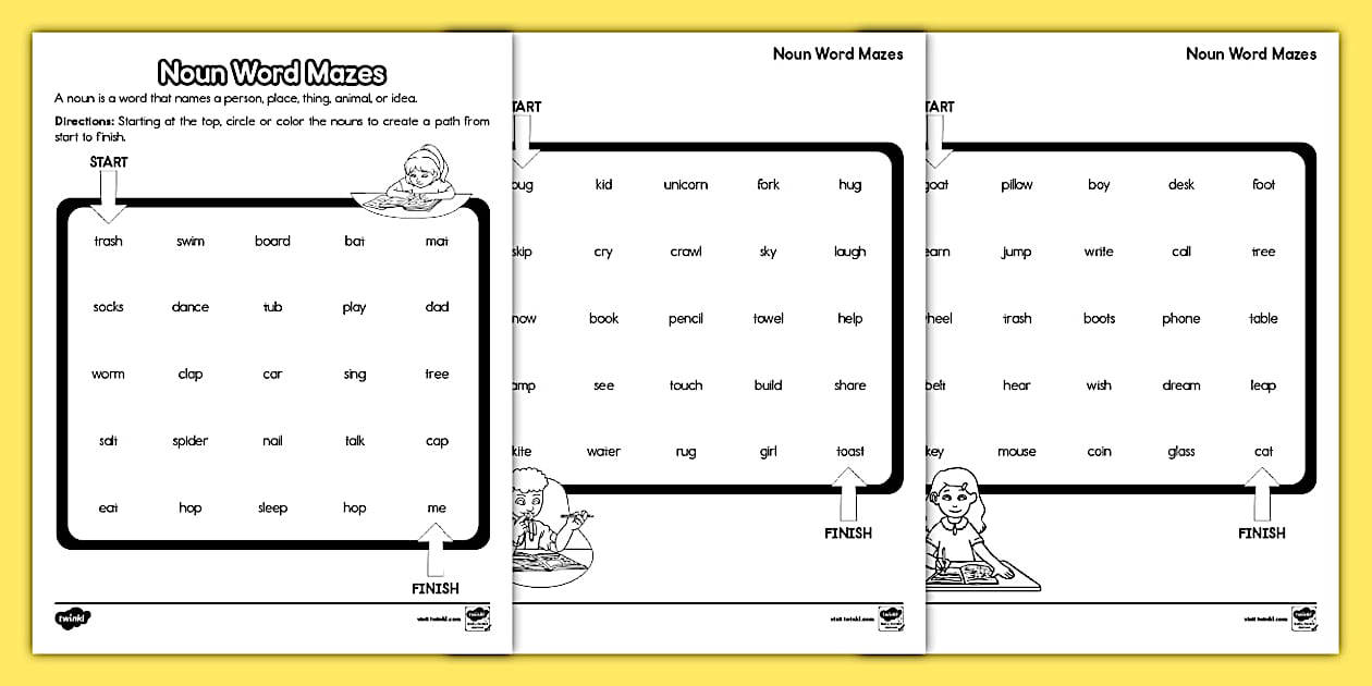 Noun Word Mazes for 1st-2nd Grade - Twinkl