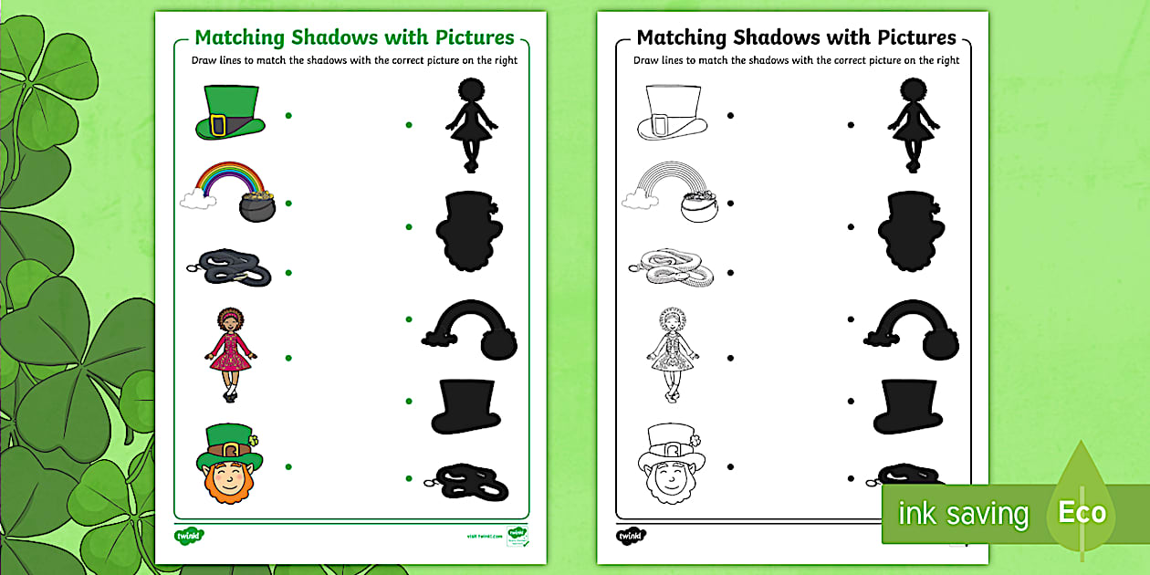 Black and White St. Patrick's Day Shadow Matching Worksheet