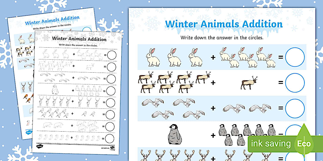 👉 Winter Animals Addition Worksheet - Twinkl