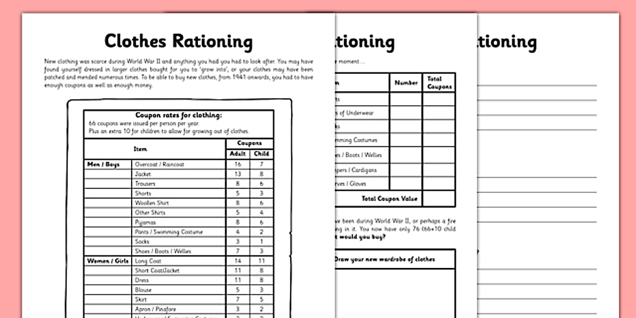 Clothes Rationing Worksheet - Children's Clothing During WW2