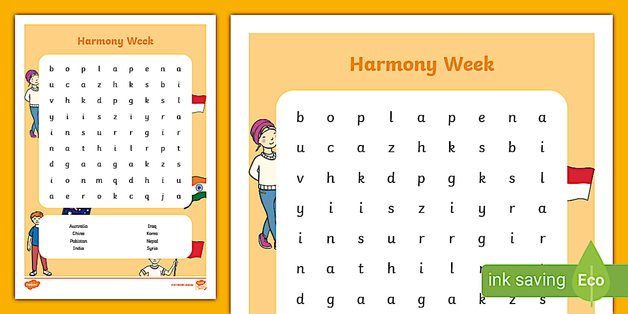TAS Foundation Harmony Week Countries Word Search - Twinkl