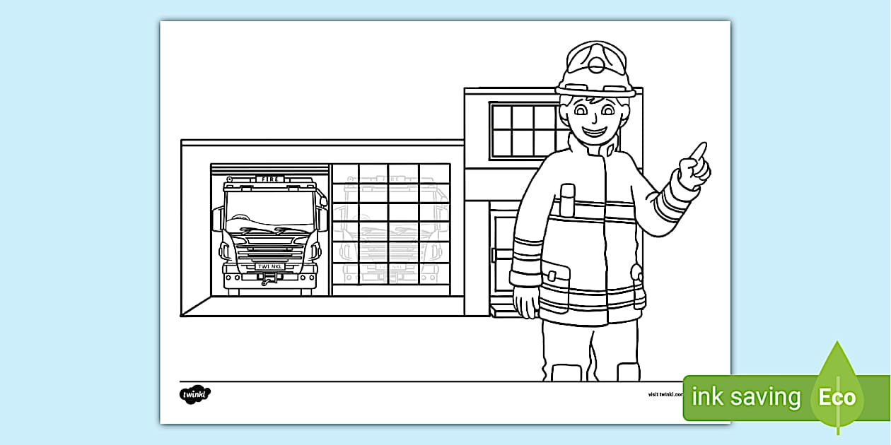 Firefighter in front of Fire Station Colouring Sheet