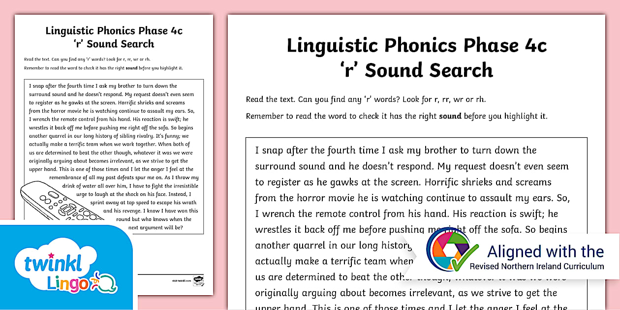 Linguistic Phonics Phase 4c ‘r’ Sound Text Search Worksheet