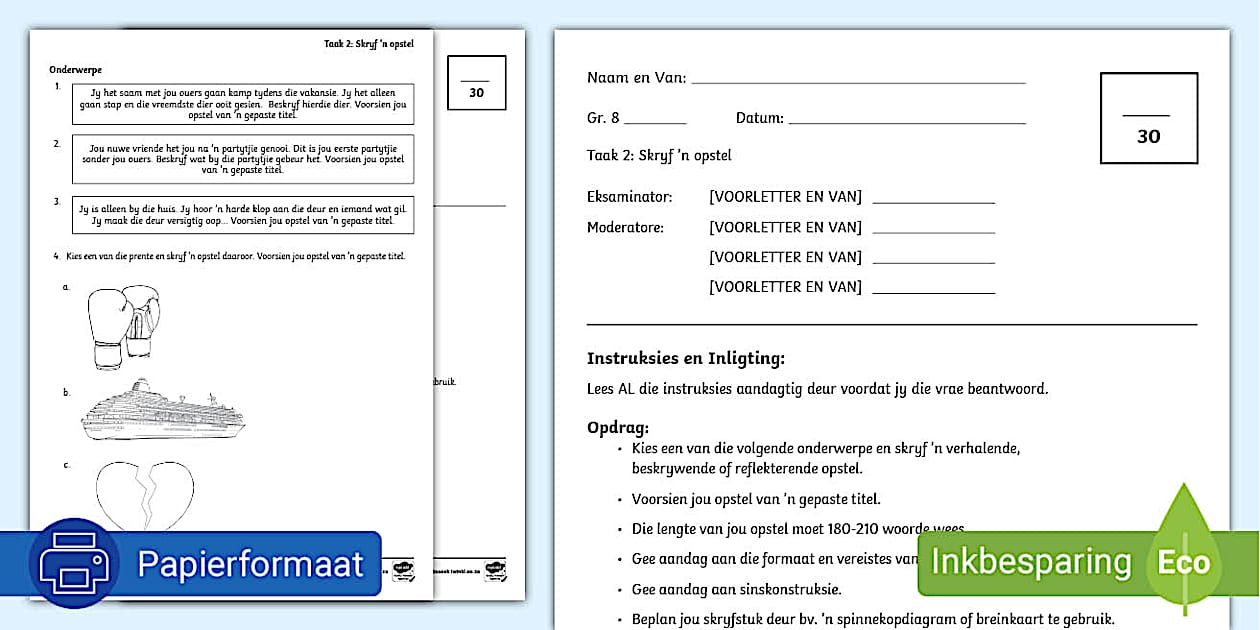 Graad 8 Formele Assessering- Skryf 'n Opstel (teacher made)