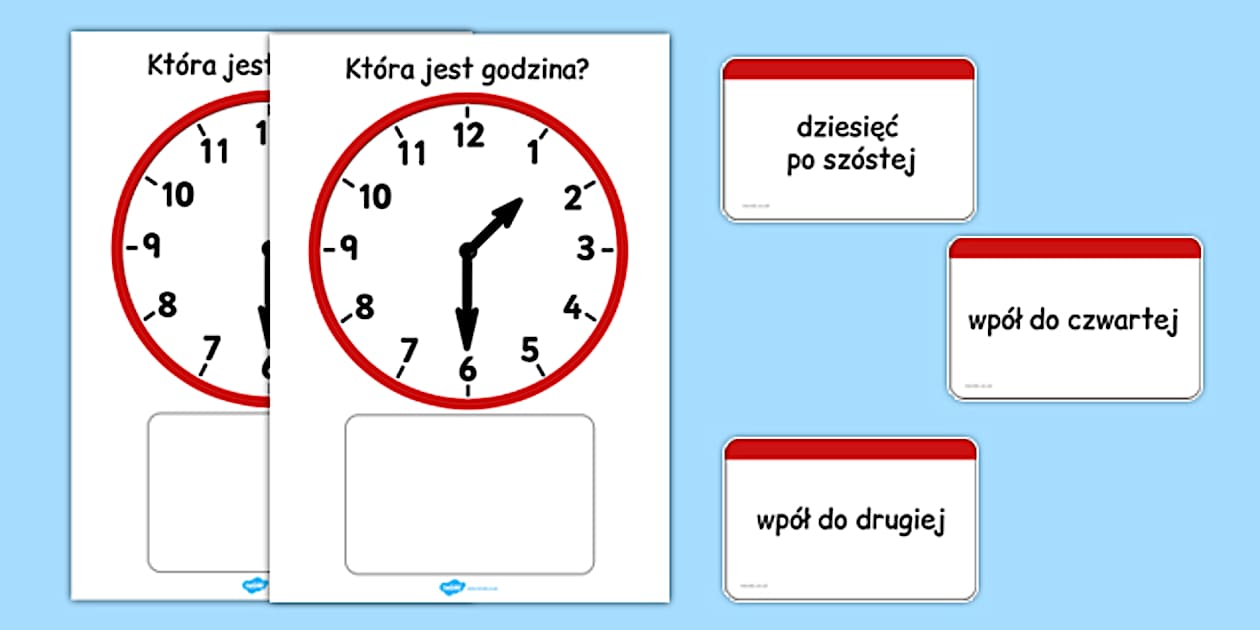 Zegar analogowy z kartami do dopasowania po polsku - czas