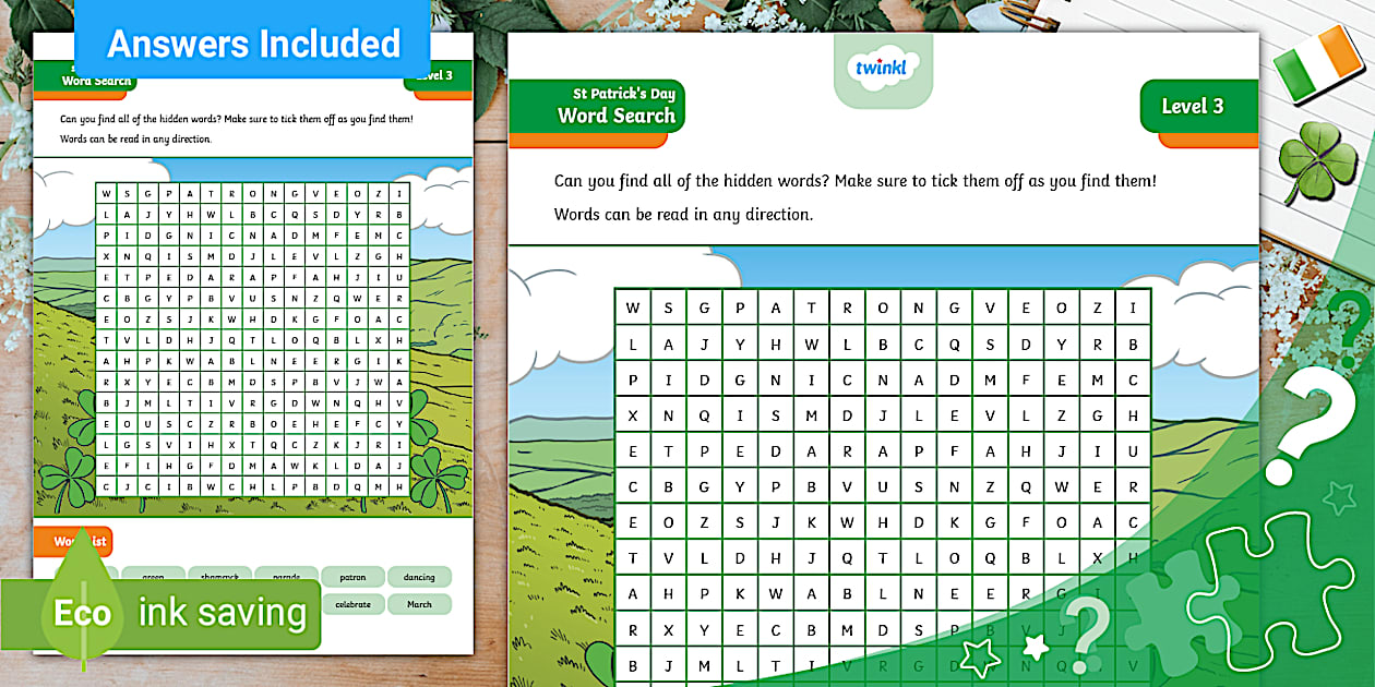 St. Patrick's Day Word Search - L3 - Twinkl - Kids Puzzles