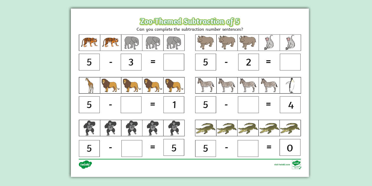 👉 Zoo-Themed Subtraction Activity | Number Bonds to 5