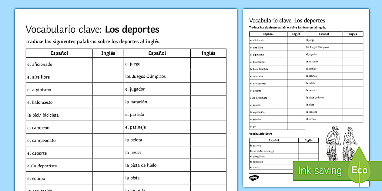 Sports Vocabulary Spanish to English Translation Worksheet / Worksheet ...