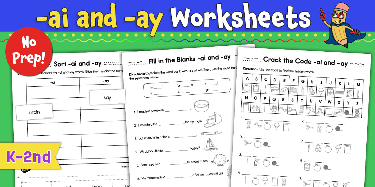 -ai and -ay Worksheets for K-2nd Grade (teacher made)