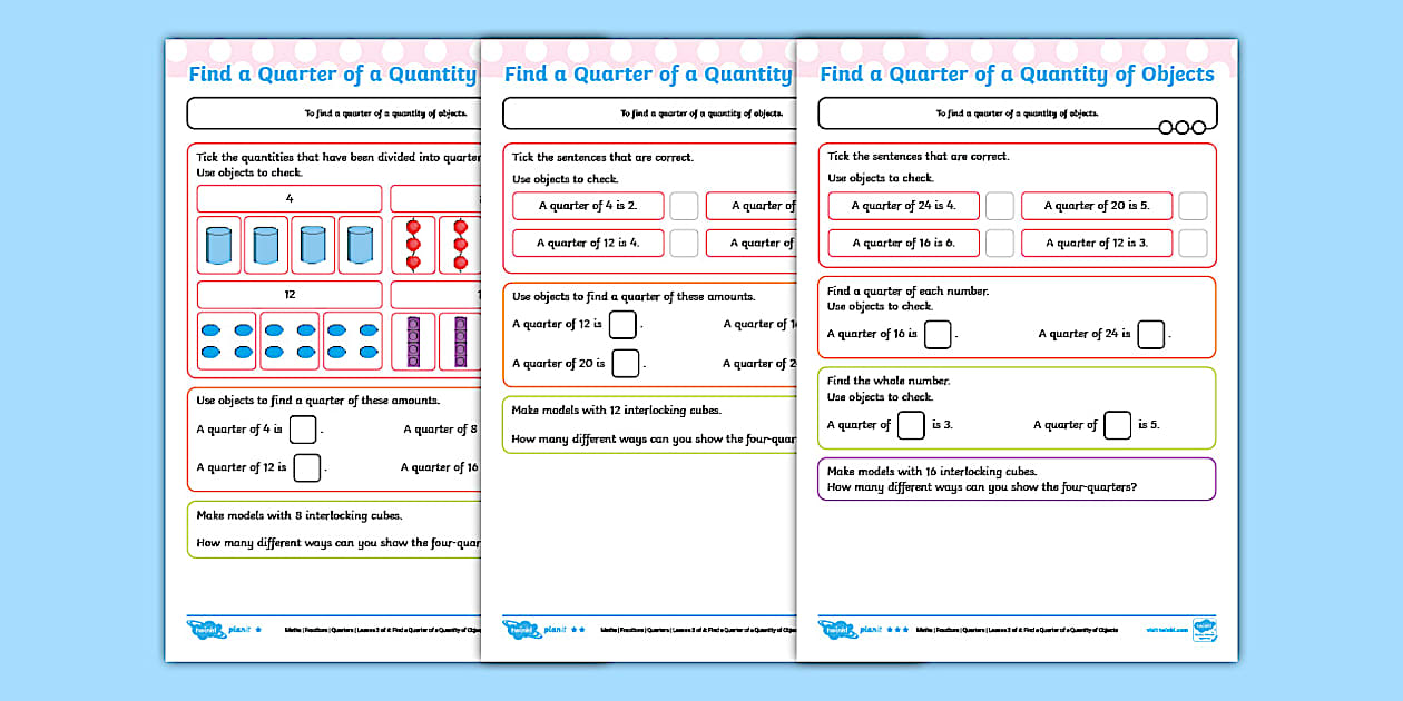 👉 Find a Quarter of a Quantity of Objects Y1 Maths Activity Sheets
