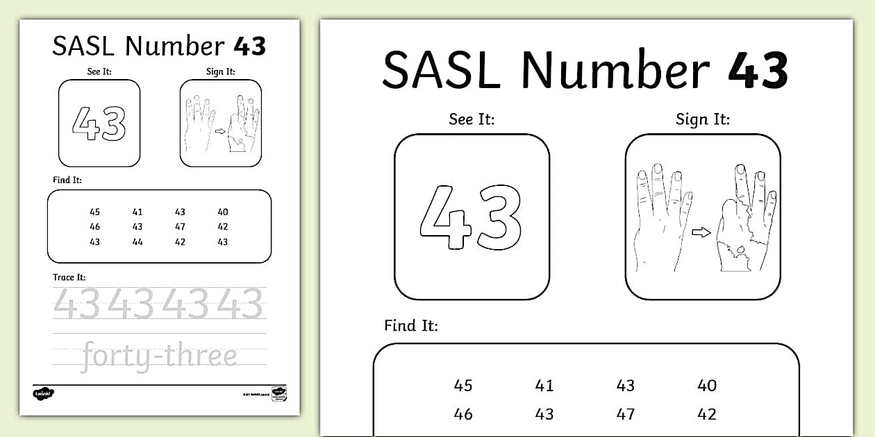 SASL Number 43 Activity Worksheet (teacher made) - Twinkl