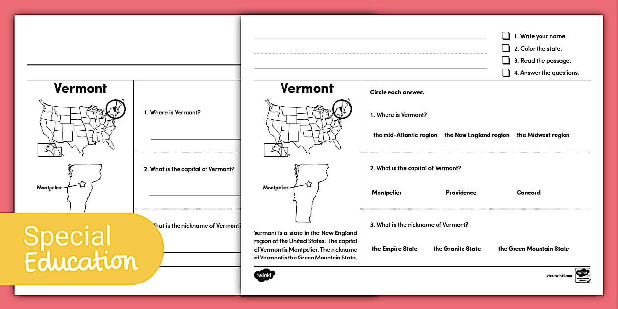 Vermont Adapted State Report Worksheet for Special Education