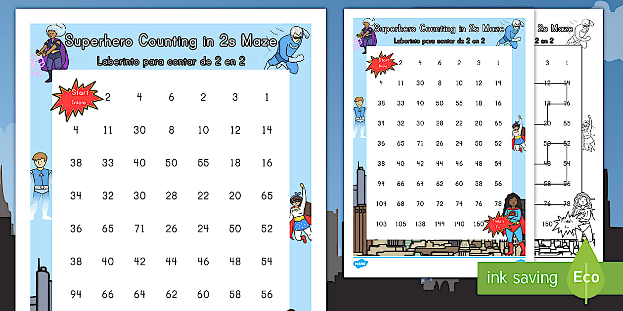 Superhero Counting in 2s Maze English/Spanish (teacher made)