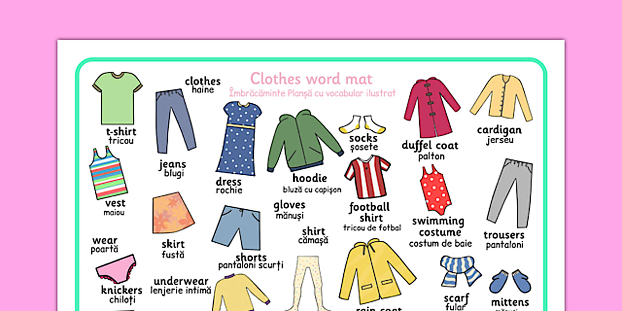 Black and White Clothes Word Mat Romanian Translation