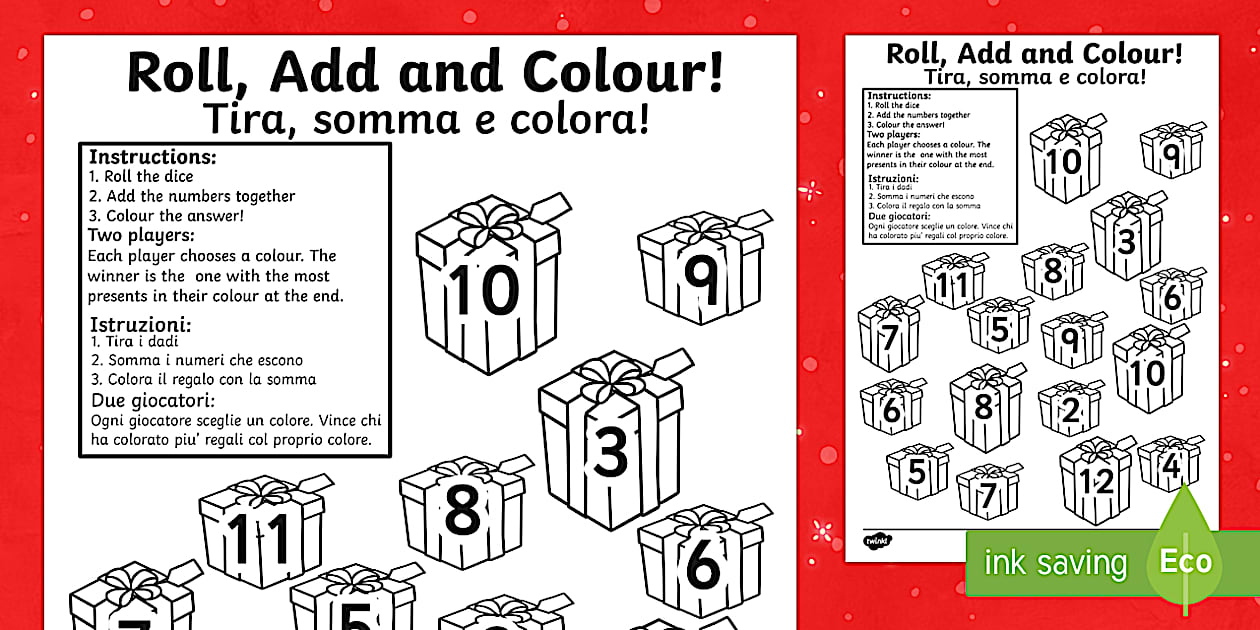 Christmas Present Colour and Roll Addition Activity English/Italian