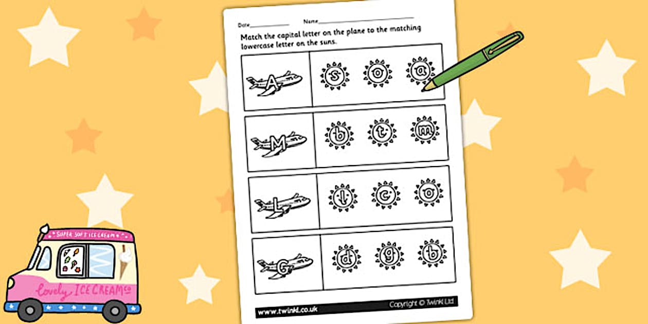 Summer Themed Capital Letter Matching Worksheet - uppercase