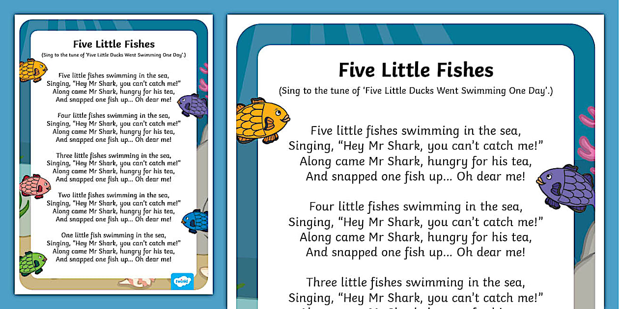 Black and White Five Little Fishes Swimming in the Sea Rhyme Poster