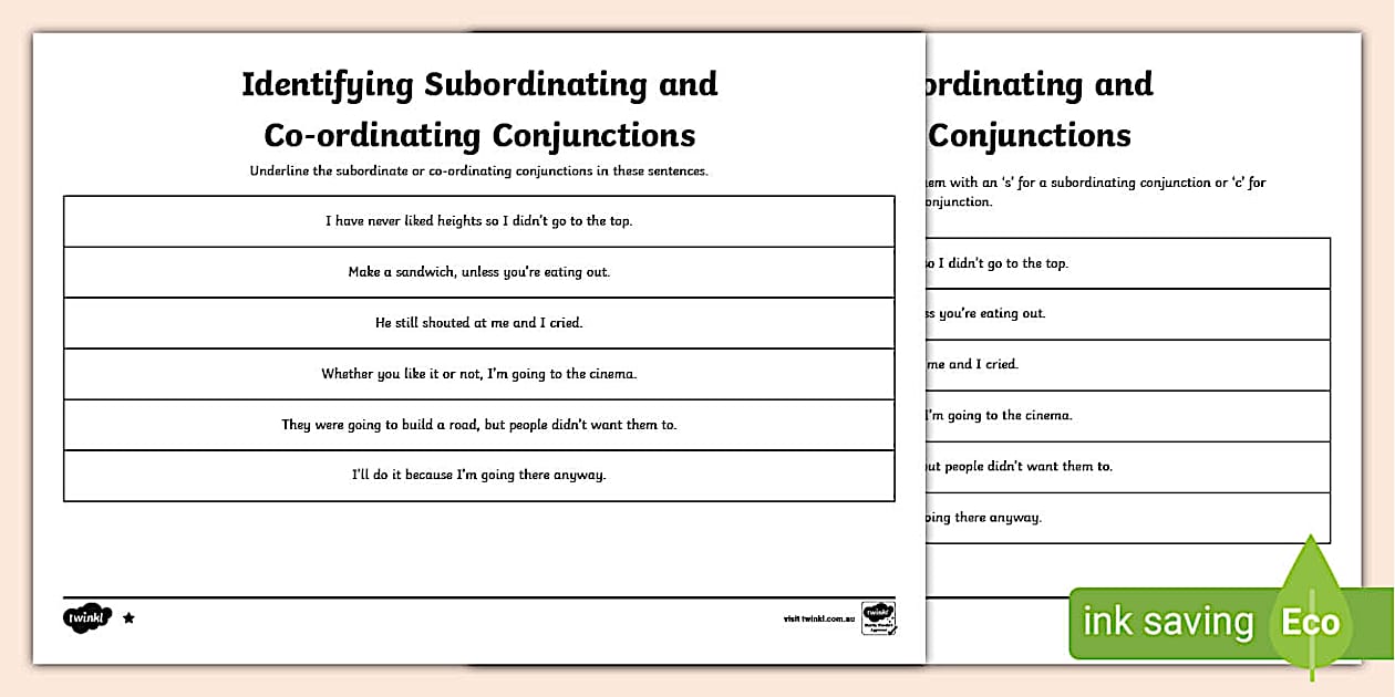 Ks2 Subordinating And Coordinating Conjunctions Worksheets