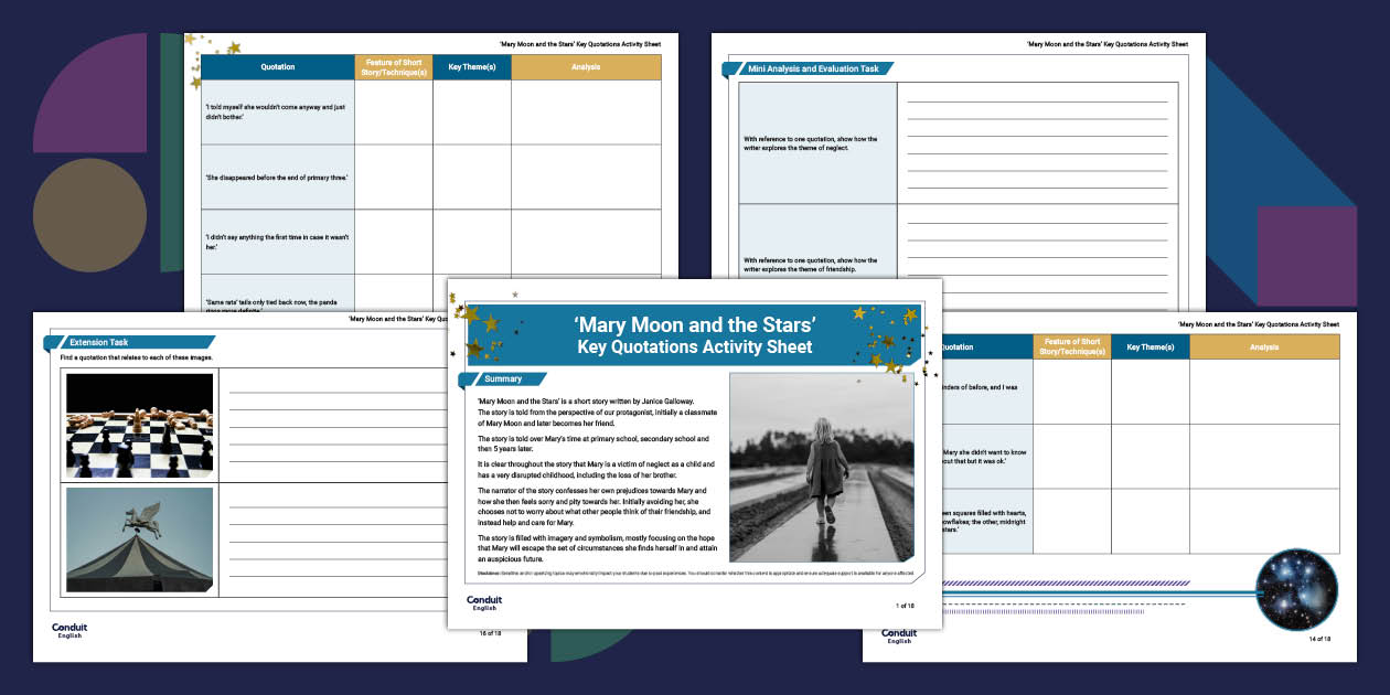 'Mary Moon and the Stars' Key Quotations Activity Sheet