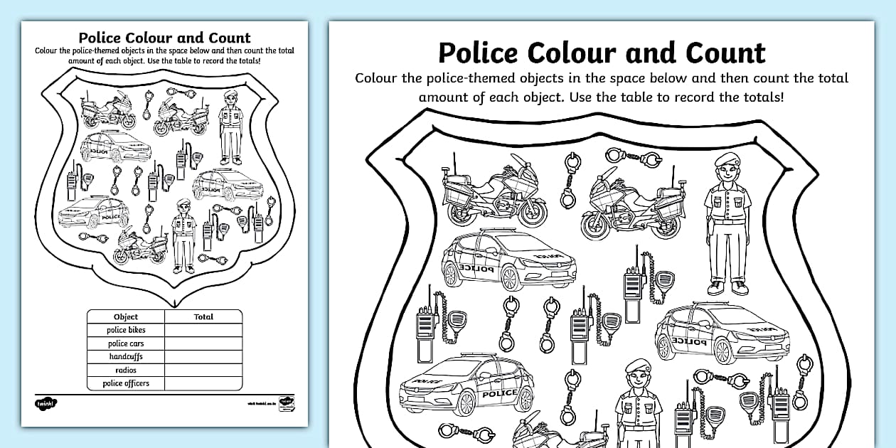 Police Colour and Count Worksheet (teacher made) - Twinkl