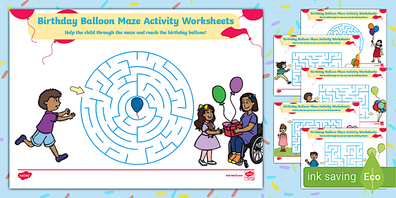 Free Birthday Balloon Maze Activity Worksheets for Children!