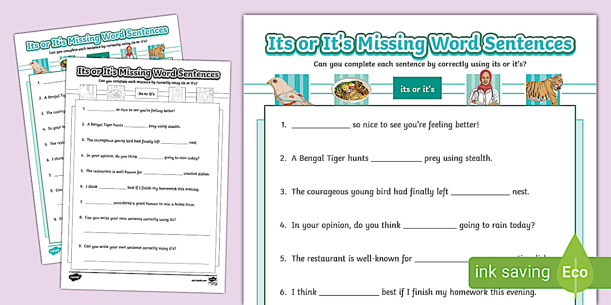 Its or It's Missing Word Sentences Worksheet (teacher made)