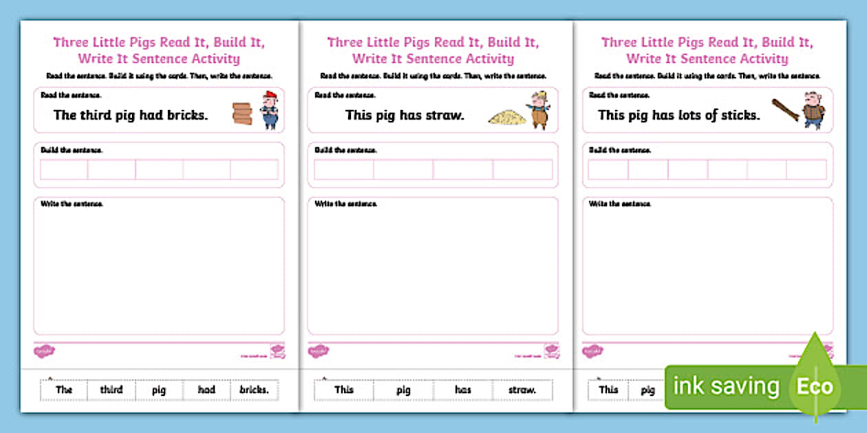Editable Three Little Pigs Read It, Build It, Write It Sentence Activity