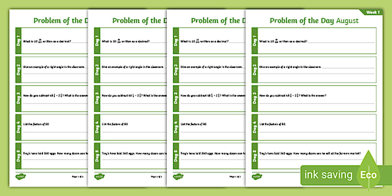 Fourth Grade Math Problem of the Day - August Activity