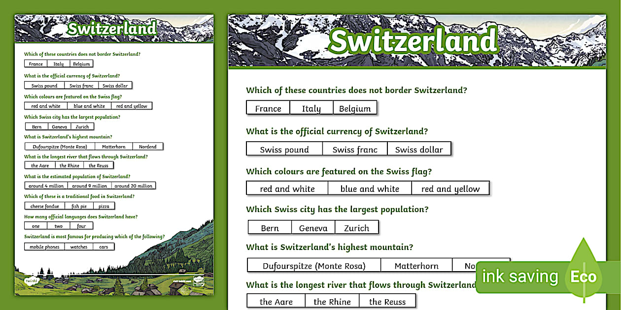 Switzerland Paper Quiz (teacher made) - Twinkl