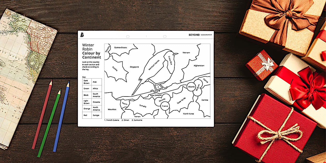 KS3 Winter Robin Colour by Continent Activity (teacher made)