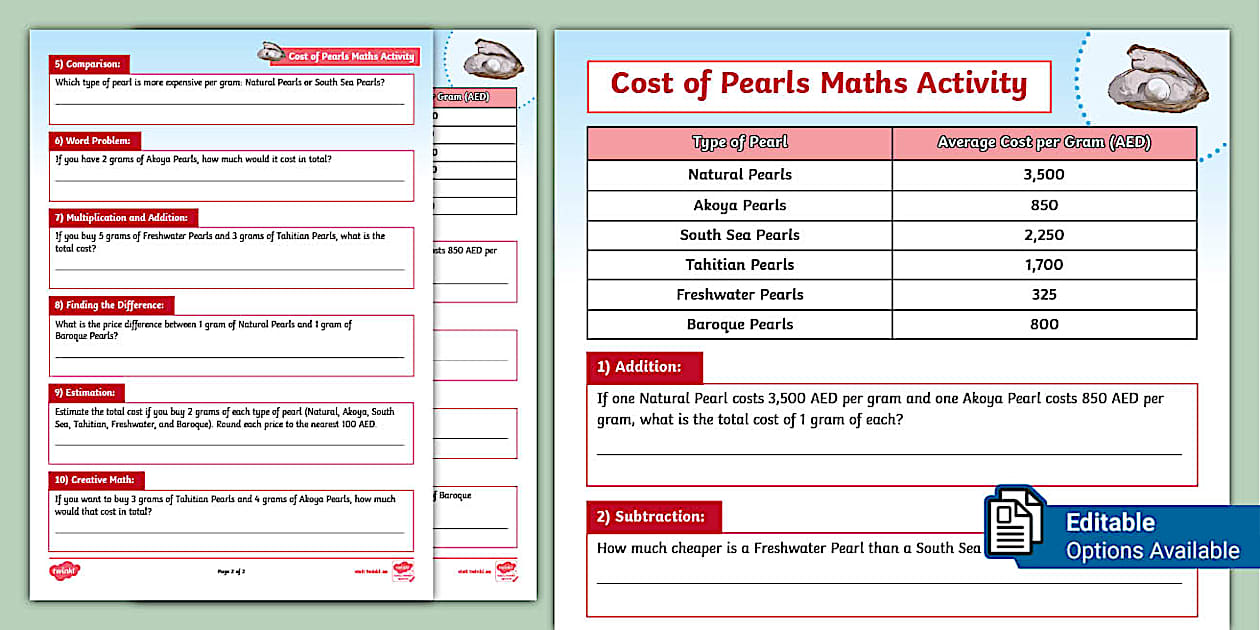 Cost of Pearls Maths Activity Sheet (teacher made) - Twinkl
