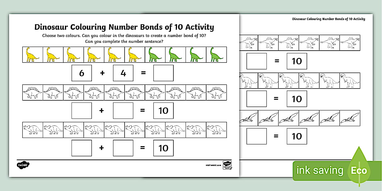 Dinosaur Colouring Number Bonds to 10 Activity - Twinkl