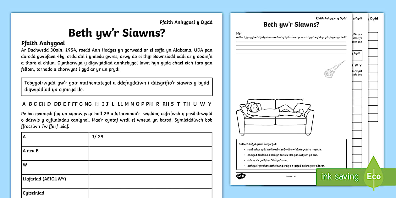 Taflen Waith Dangos Dealltwriaeth Rhifedd: Beth yw'r Siawns?