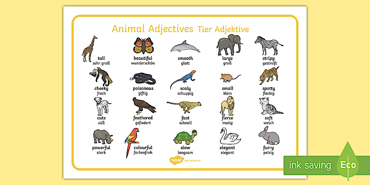 Animal Adjectives Word Mat - English / German - Animal Adjectives Word Mat