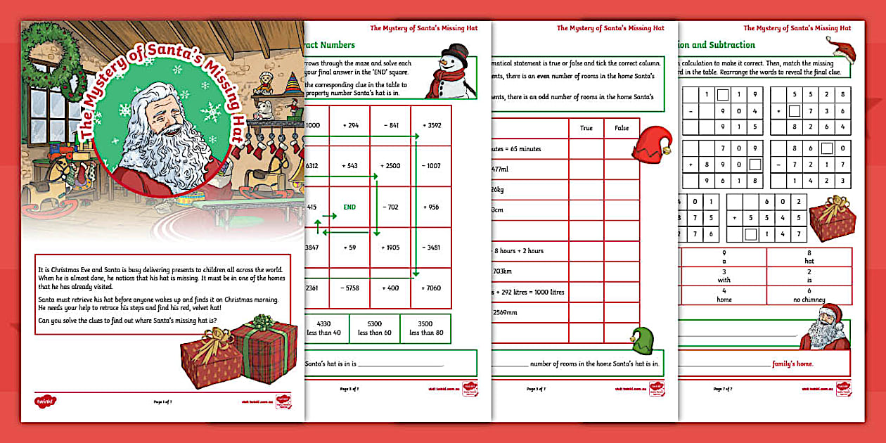 Year 4 The Mystery of Santa's Missing Hat Maths Mystery Game