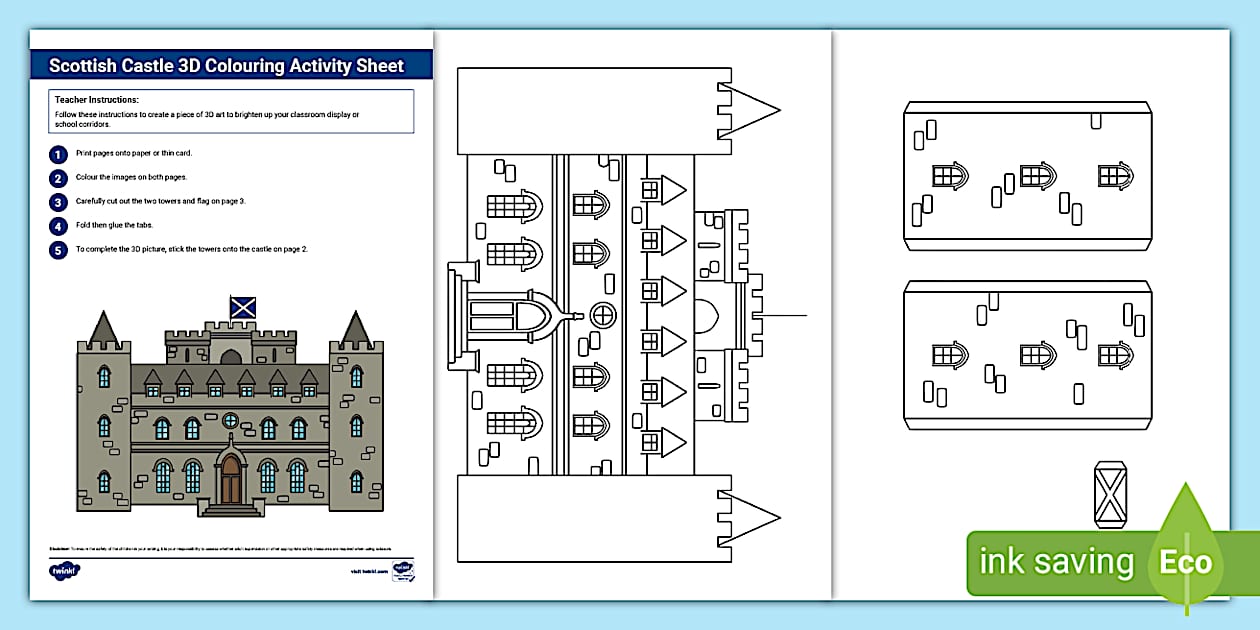 Scottish Castle 3D Colouring Activity Sheet (teacher made)