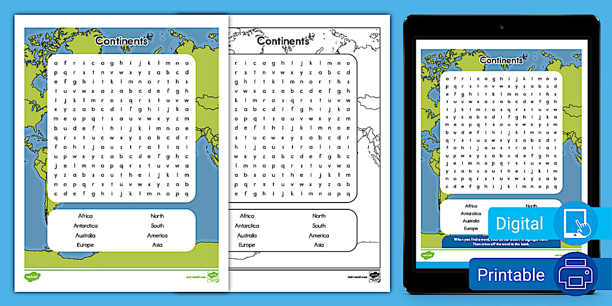 Second Grade Continents Word Search (teacher made) - Twinkl