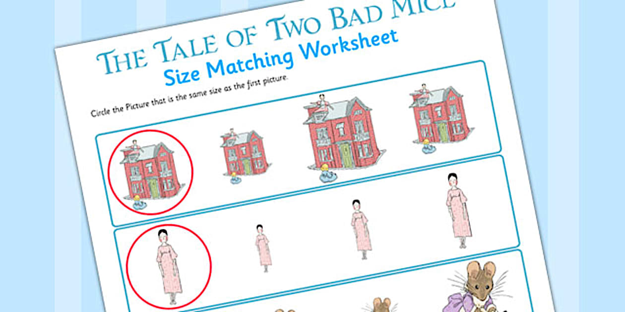 Black and White The Tale of Two Bad Mice Size Matching Worksheets (Beatrix