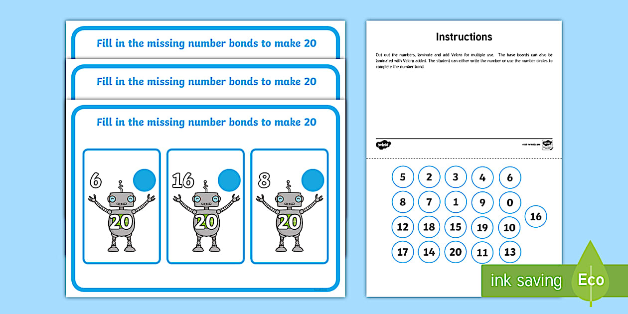 Editable Workstation Pack Robot Number Bonds of 20 Activity Pack