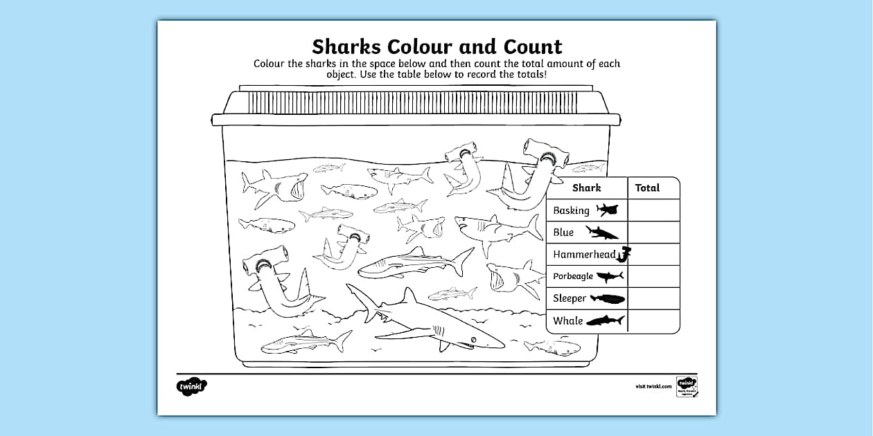 👉 Sharks Colour and Count Worksheet (teacher made)