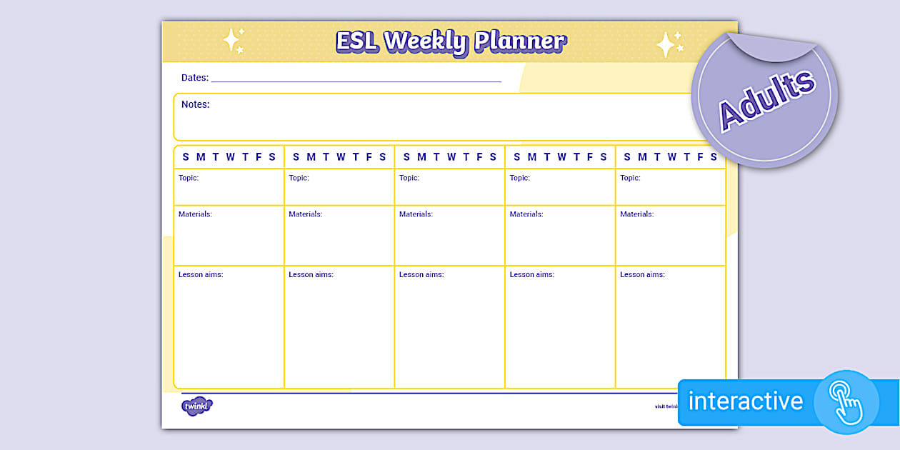 ESL Interactive Teacher Weekly Planner (teacher made)