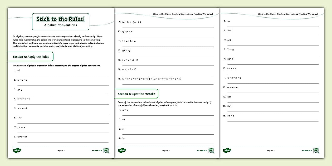 Stick to the Rules: Algebra Conventions Worksheet - Twinkl