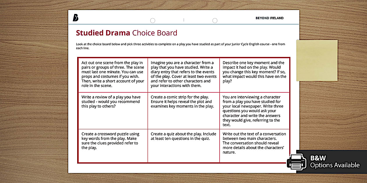 Studied Drama Choice Board (teacher made) - Twinkl